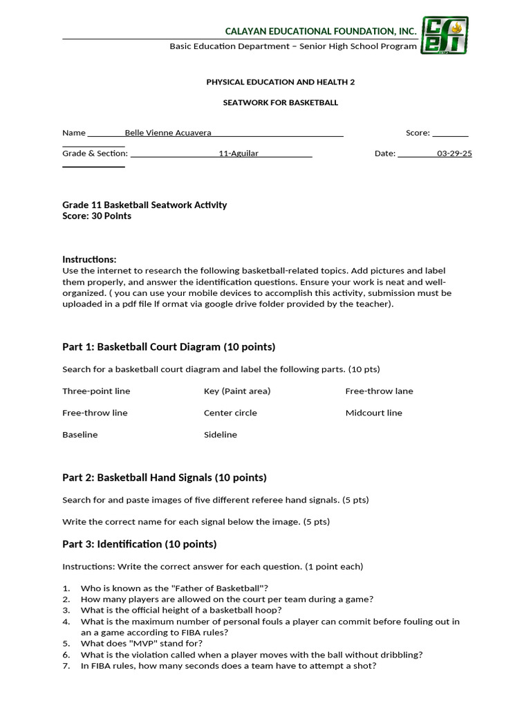 PE 2 Basketball Seatwork | PDF | Games Of Physical Skill | Sports