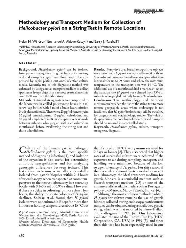 Methodology and Transport Medium for Collection of Helicobacter Pylori ...