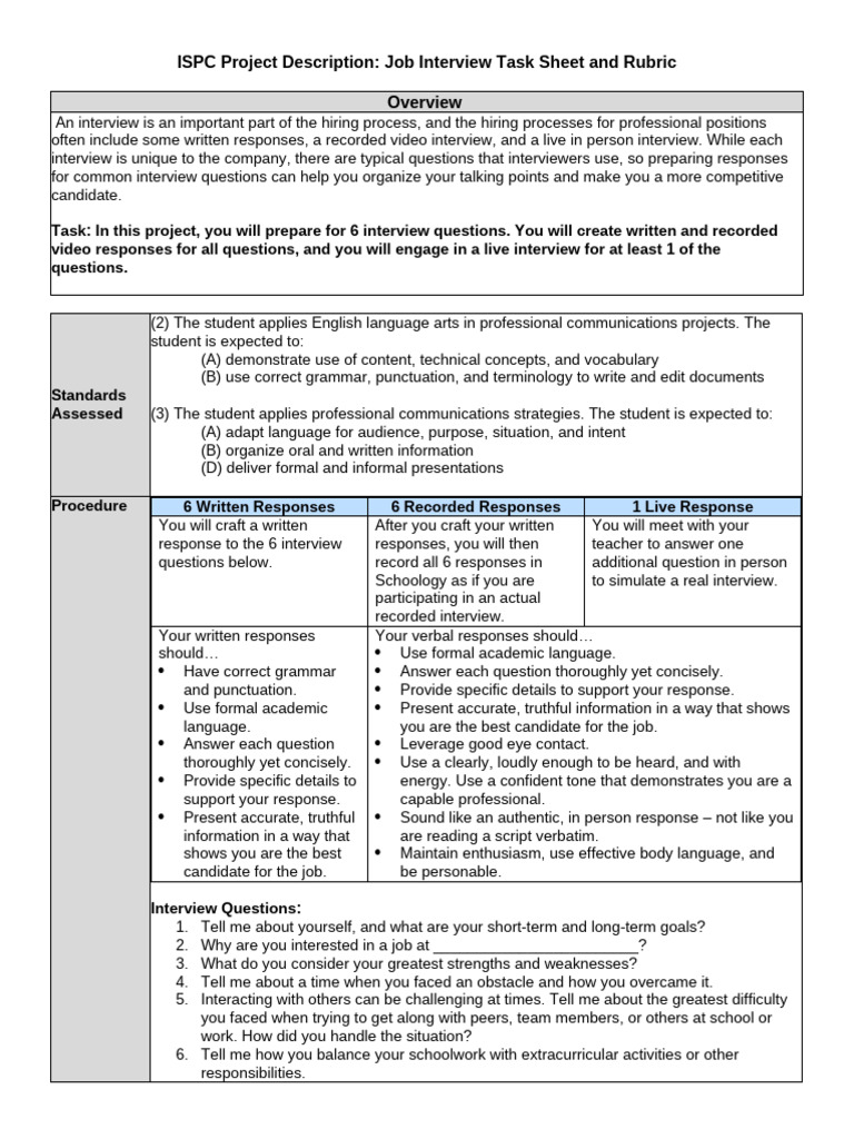 Summative Job Interview Task Sheet and Rubric | PDF | Communication ...