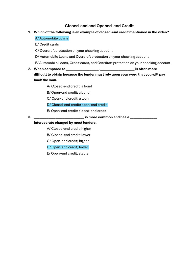 Closed End and Opened End Credit | PDF | Credit | Finance & Money ...