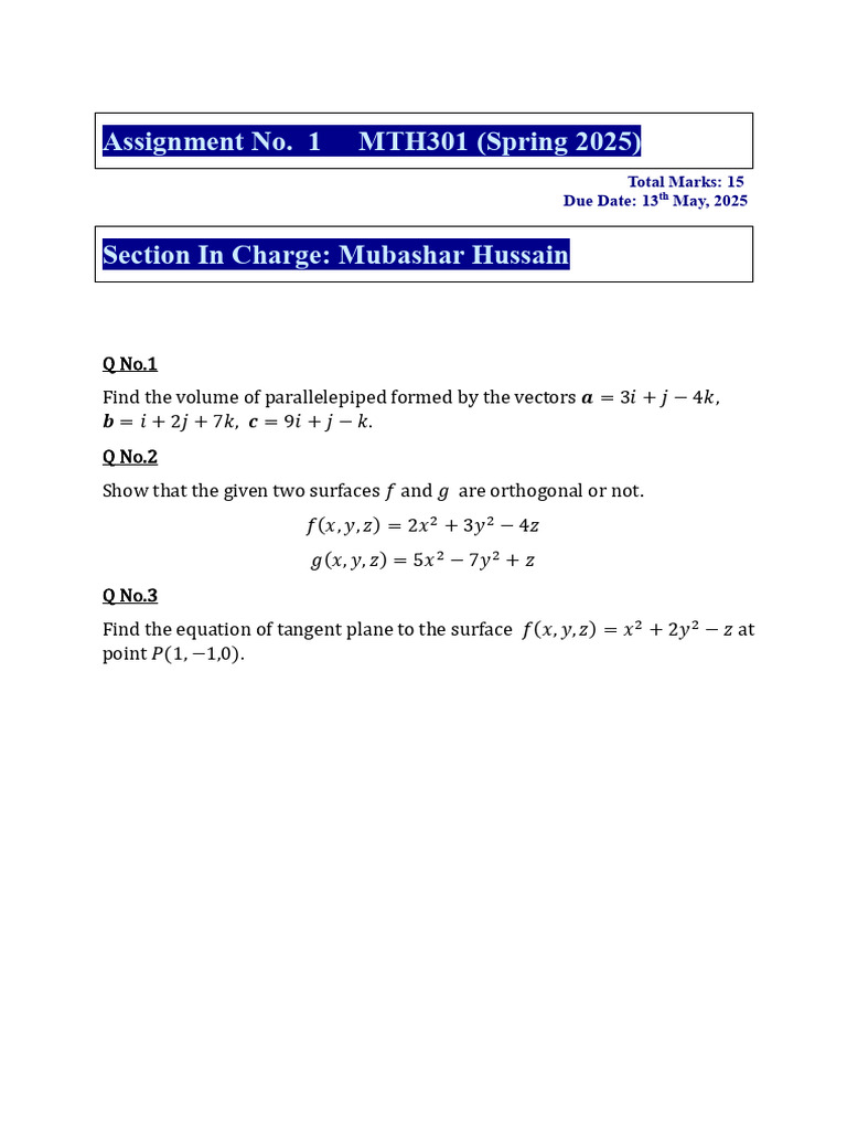 Assignment No.1 MTH301 Section Incharge Mubashar Hussain-1 | PDF
