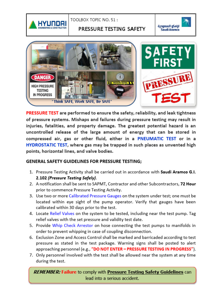 Toolbox Topic No. 51 - Pressure Testing Safety | PDF