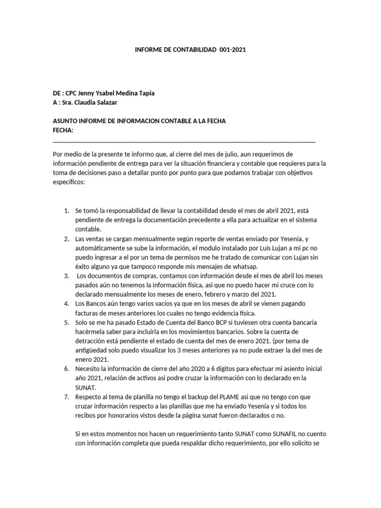 Informe de Contabilidad 001 - 2021 | PDF | Contabilidad | Servicios ...