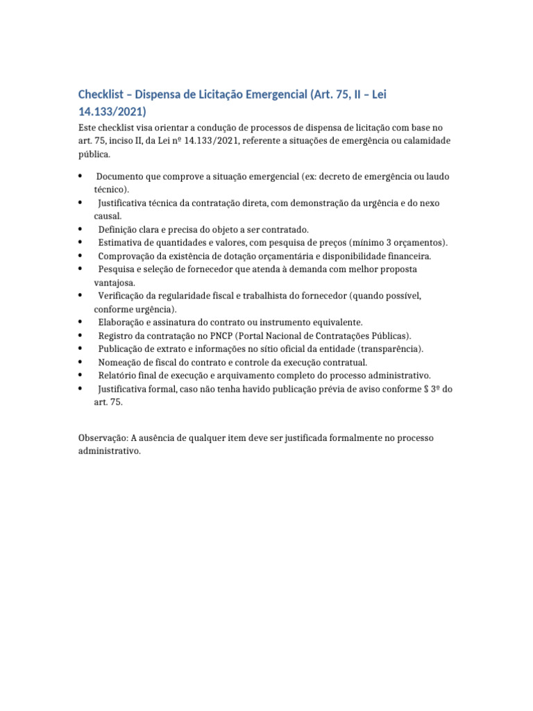 Checklist de Dispensa de Licitação Emergencial | PDF
