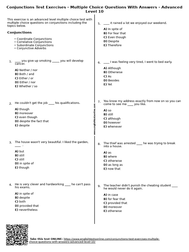 Conjunctions Test Exercises2 - Multiple Choice Questions With Answers ...