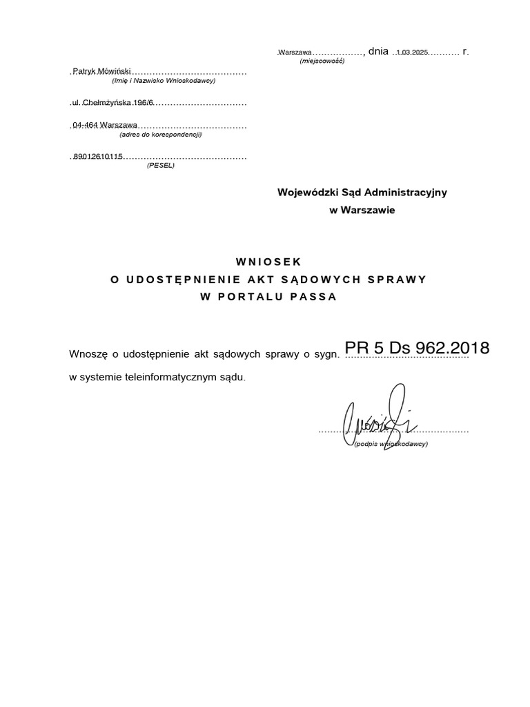Wniosek o Udostępnienie Akt Sądowych W Portalu PASSA | PDF