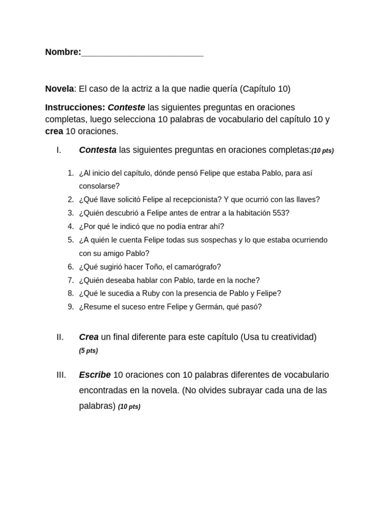 Quiz Novela - Capítulo 10 El Caso de La Actriz Que Nadie Quería | PDF