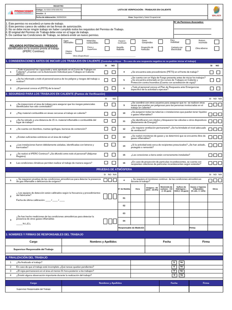 JU-SSO-STD-009.F01 LV Trabajos en Caliente 30.09.24 V2 | PDF | Monóxido de carbono | Gases