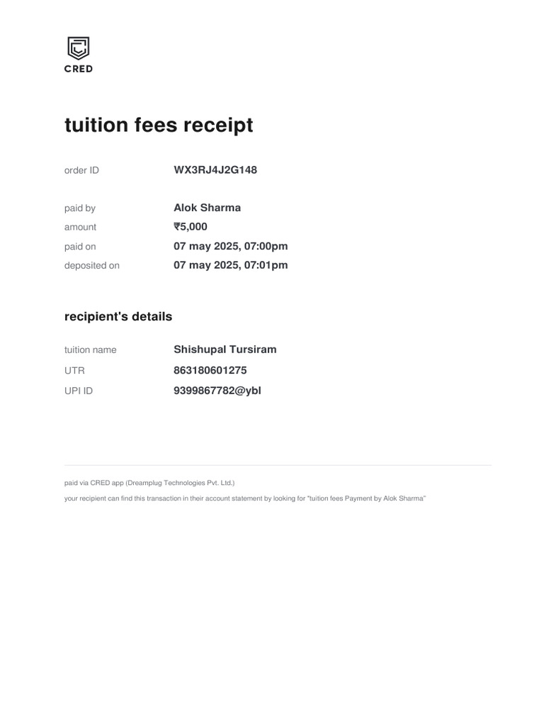 Tuition Fees Receipt: Recipient's Details | PDF