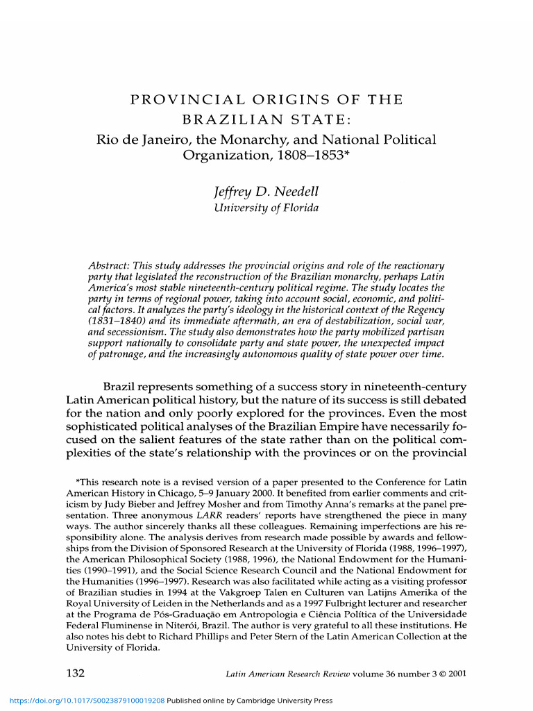Artigo Needel Provincial Origins of The Brazilian State Rio de Janeiro The Monarchy and National ...