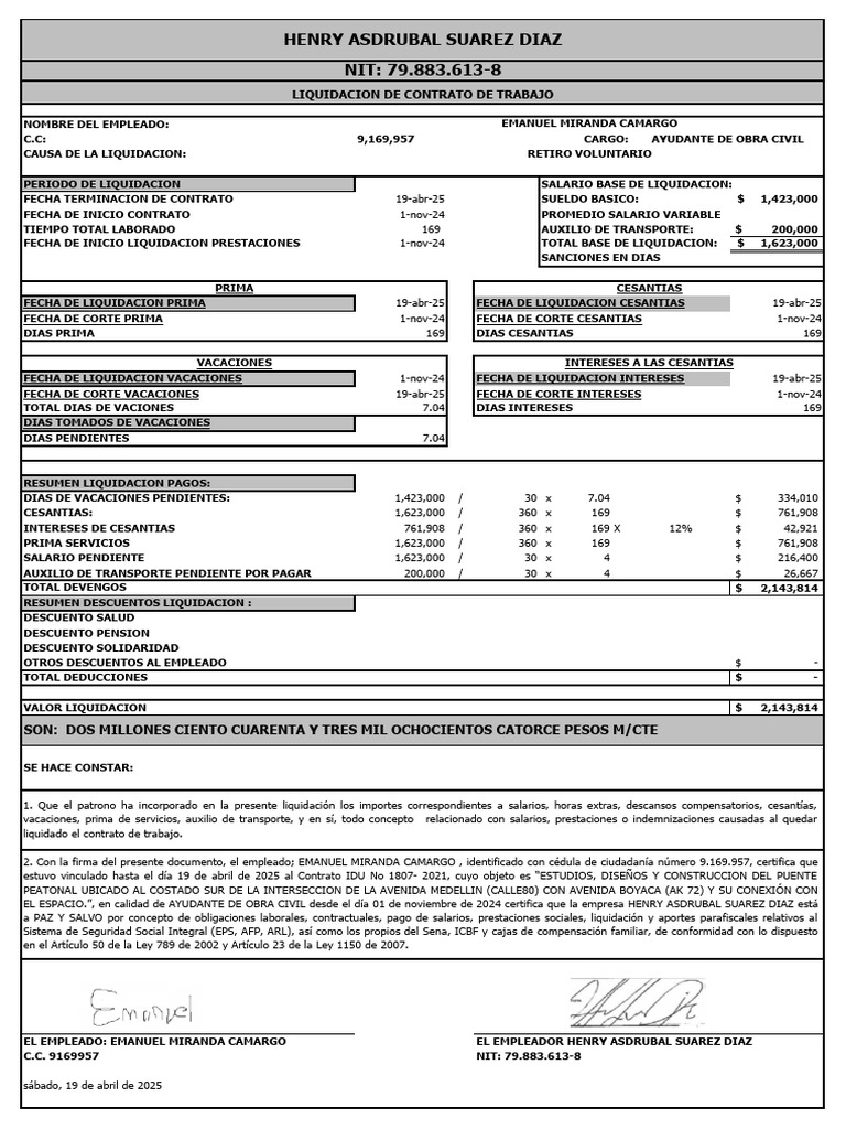 Formato-Liquidación-Contrato-Laboral - Emanuel Miranda | PDF | Salario ...