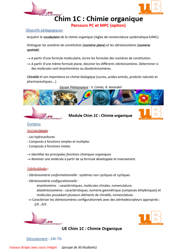 2024-2025 - Présentation UE Chim1C - Planning TD - CC | PDF | Isomère | Chiralité (chimie)