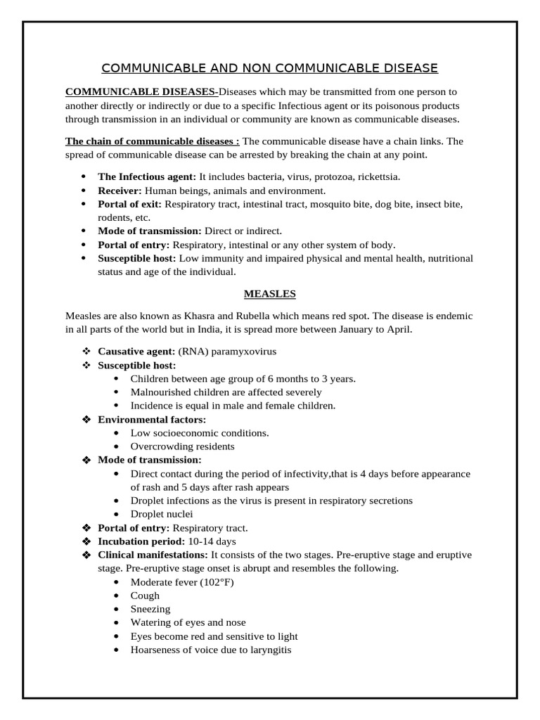 Communicable and Non Communicable Disease GNM I Year | PDF ...