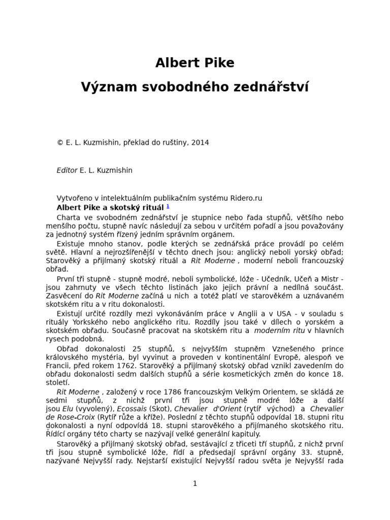 Albert Pike - Význam Svobodného Zednářství | PDF