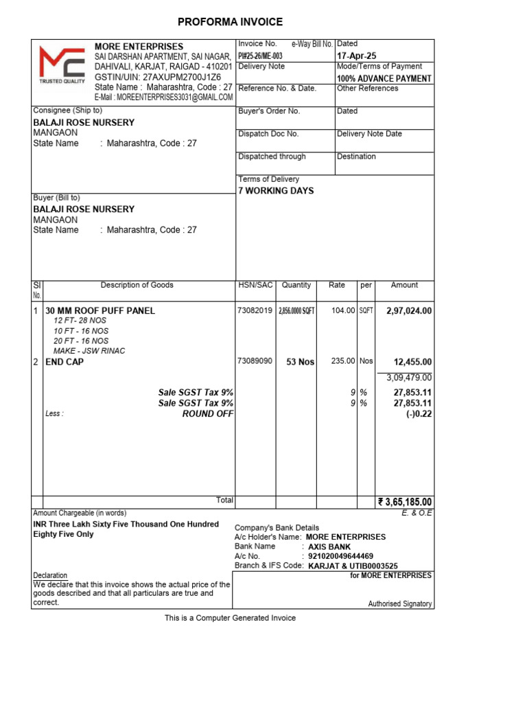 Proforma Invoice 003 - Balaji Rose Nursery 17.04.2025 | PDF | Invoice