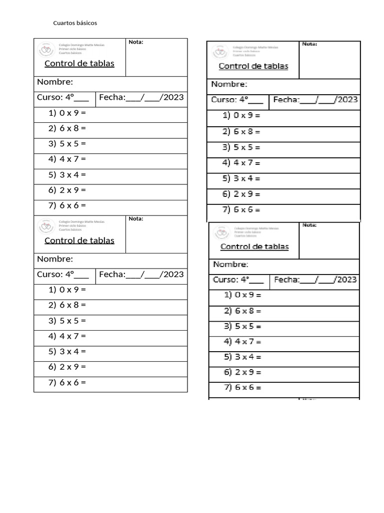 Control de Tablas N°4 (0 Al 6) | PDF