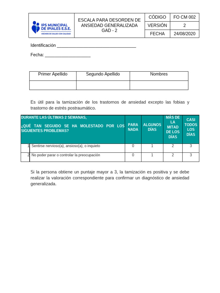 Cuestionario GAD-2 para Ansiedad | PDF