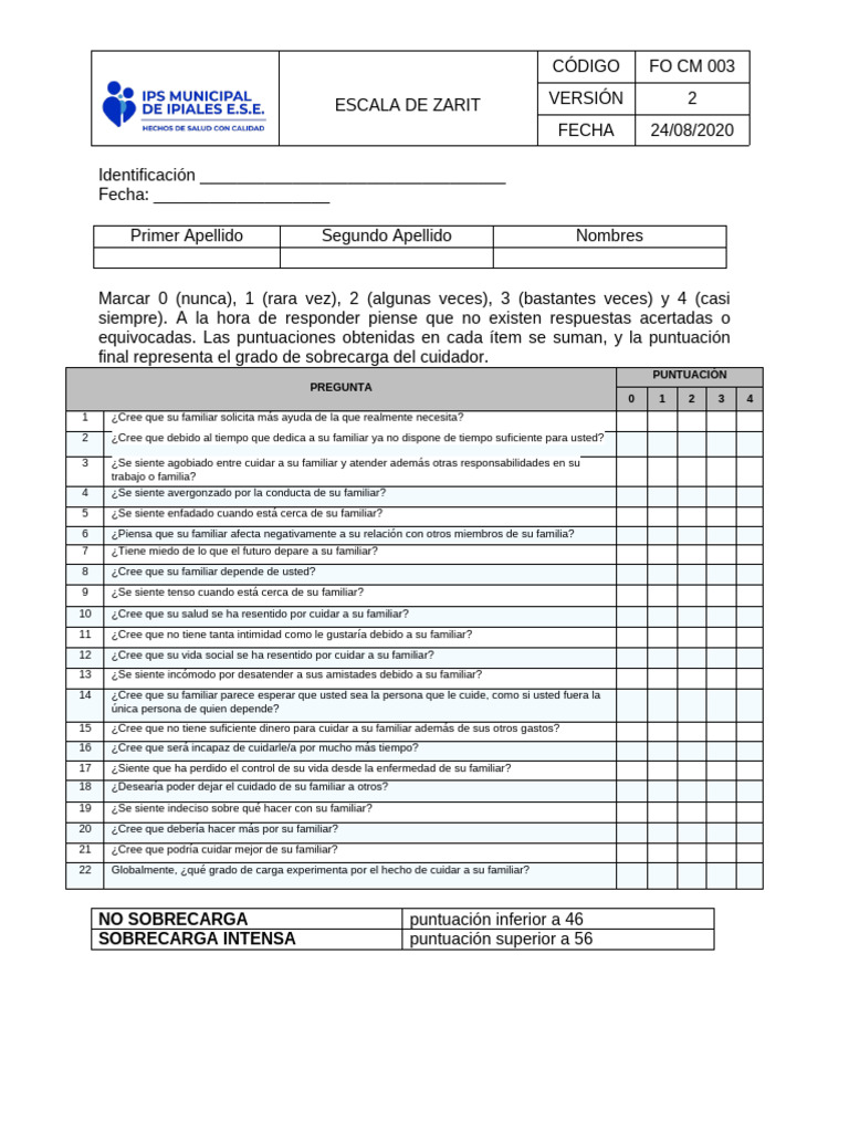 Fo CM 003 Escala de Zarit | PDF