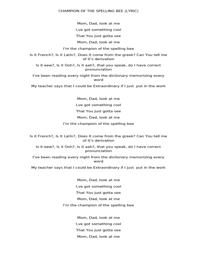 Champion of the Spelling Bee Lyrics | PDF