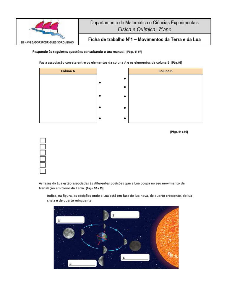Ficha de Trabalho 1 - Fases Da Lua e Eclipses | PDF | Lua | Eclipse
