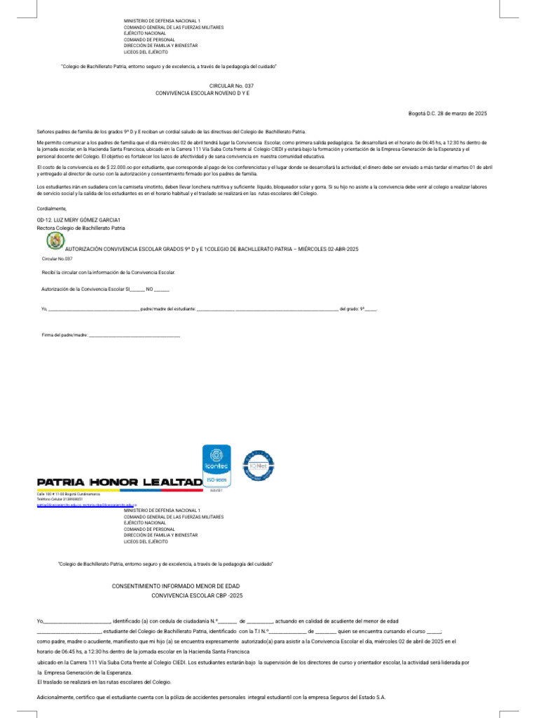 CIRCULAR No. 037 - AUTORIZACIÓN CONVIVENCIA ESCOLAR 9° D Y E - CBP - 2025 | PDF