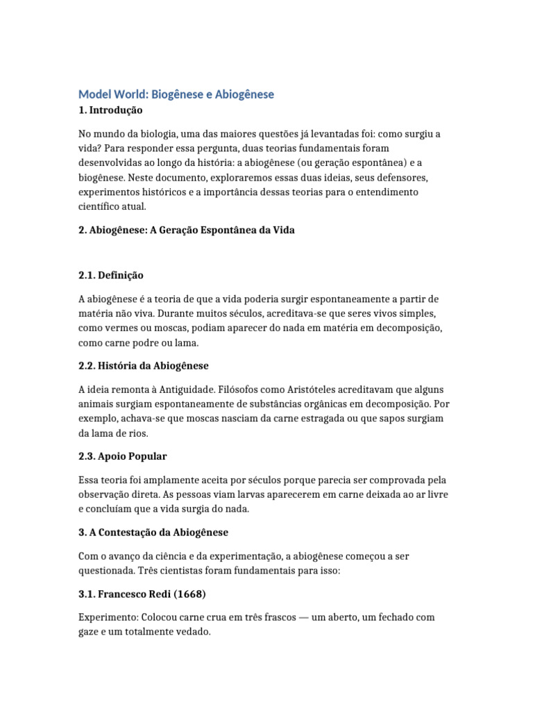 Model World Biogenese e Abiogenese | PDF | Abiogênese | Vida