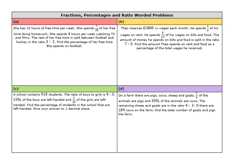 Word Problems on Fractions and Ratios | PDF | Ratio | Percentage