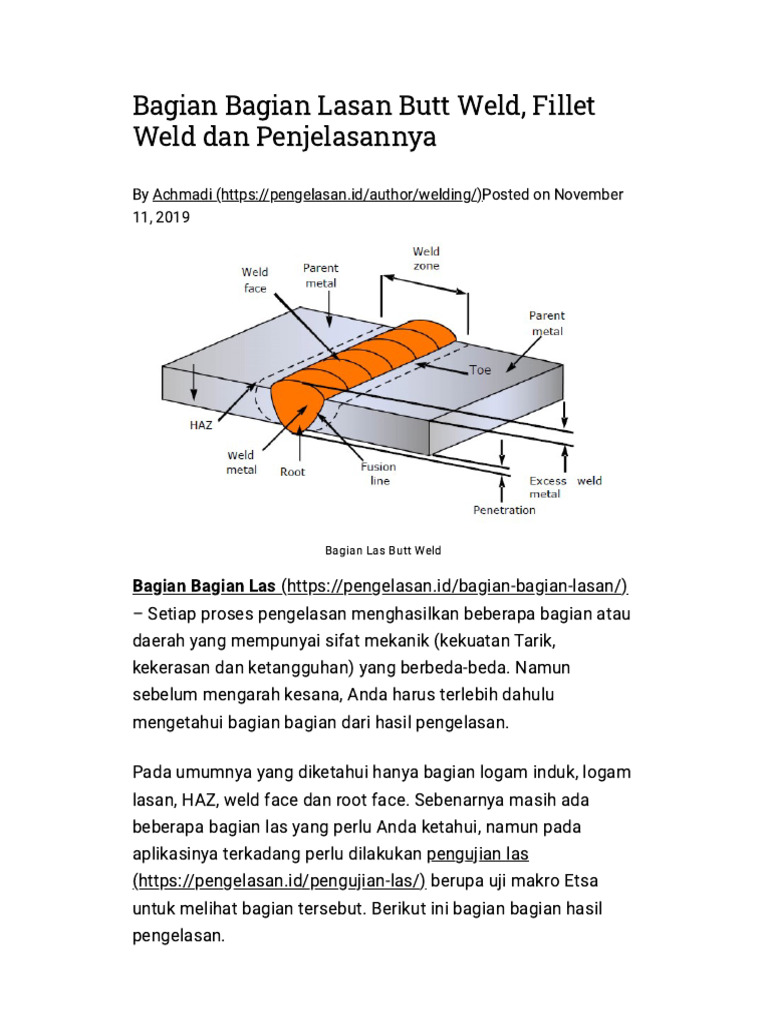 Bagian Bagian Lasan Butt Weld, Fillet Weld dan Penjelasannya | PDF