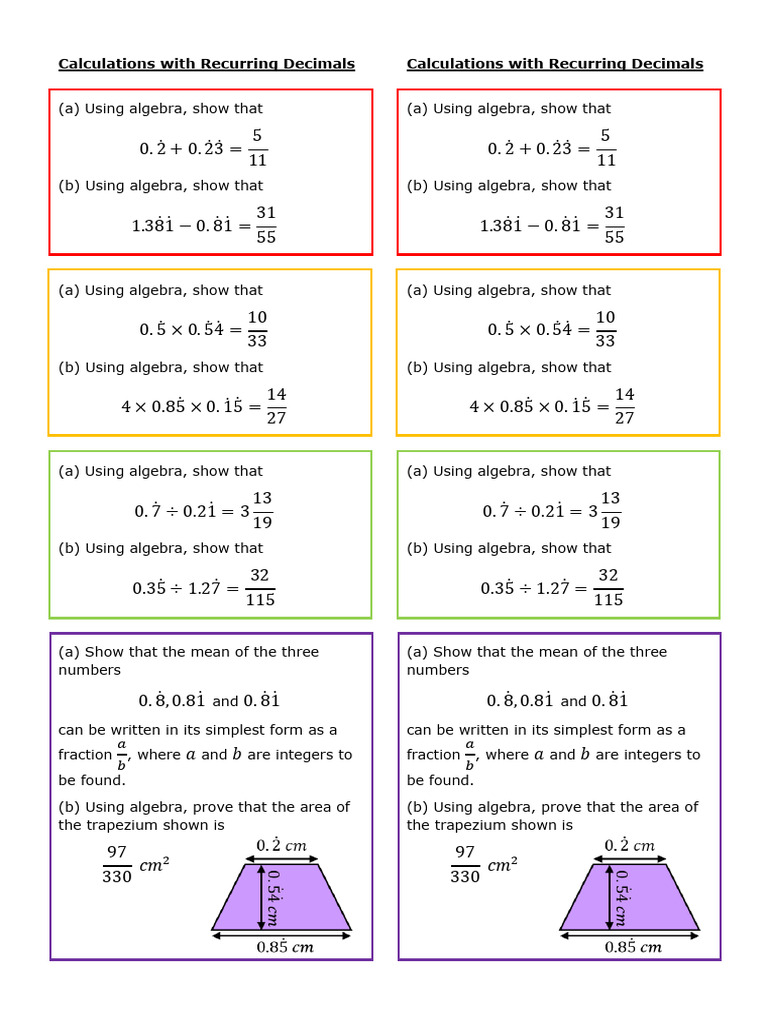 Calculations With Recurring Decimals Practice Strips | PDF | Number Theory | Algebra