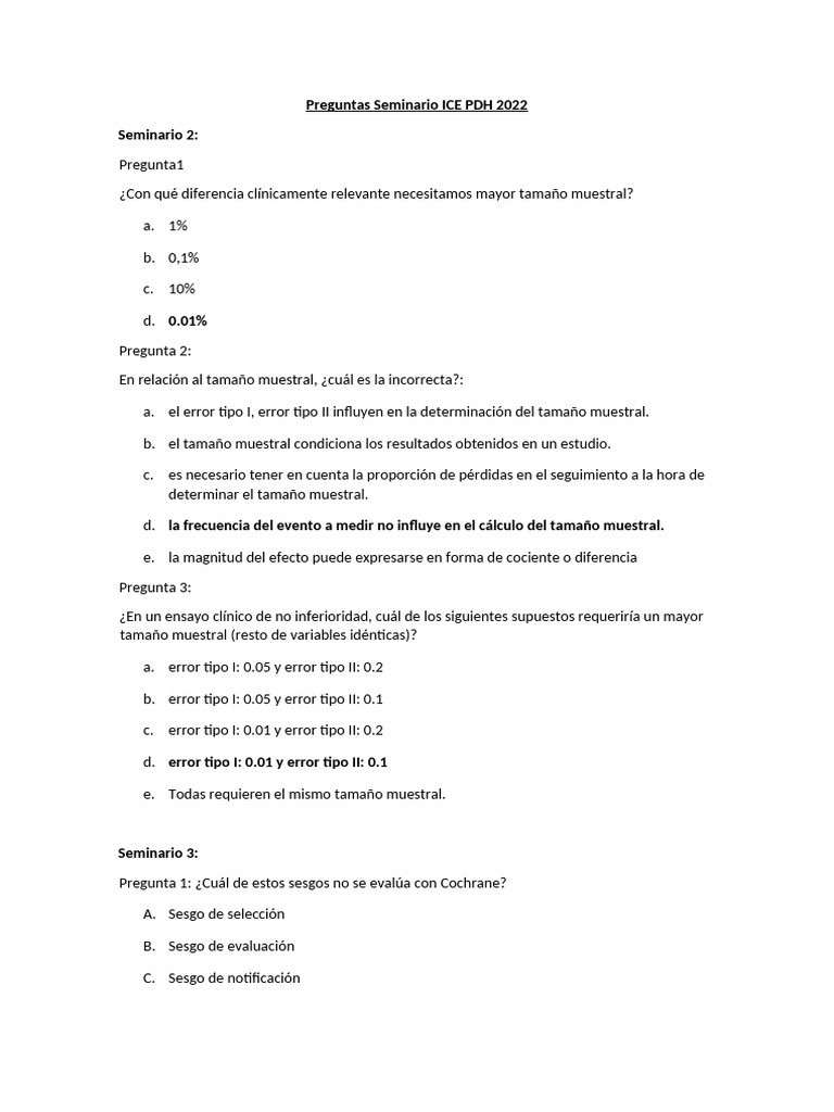 Preguntas Seminario ICE PDH 2022 | PDF | Placebo | Muestreo (Estadísticas)