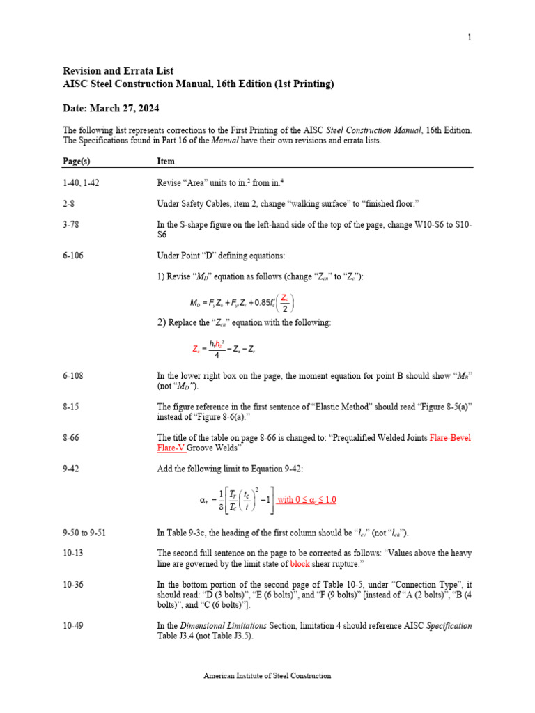 AISC 16th Edition Errata List | PDF | Mechanical Engineering | Applied ...