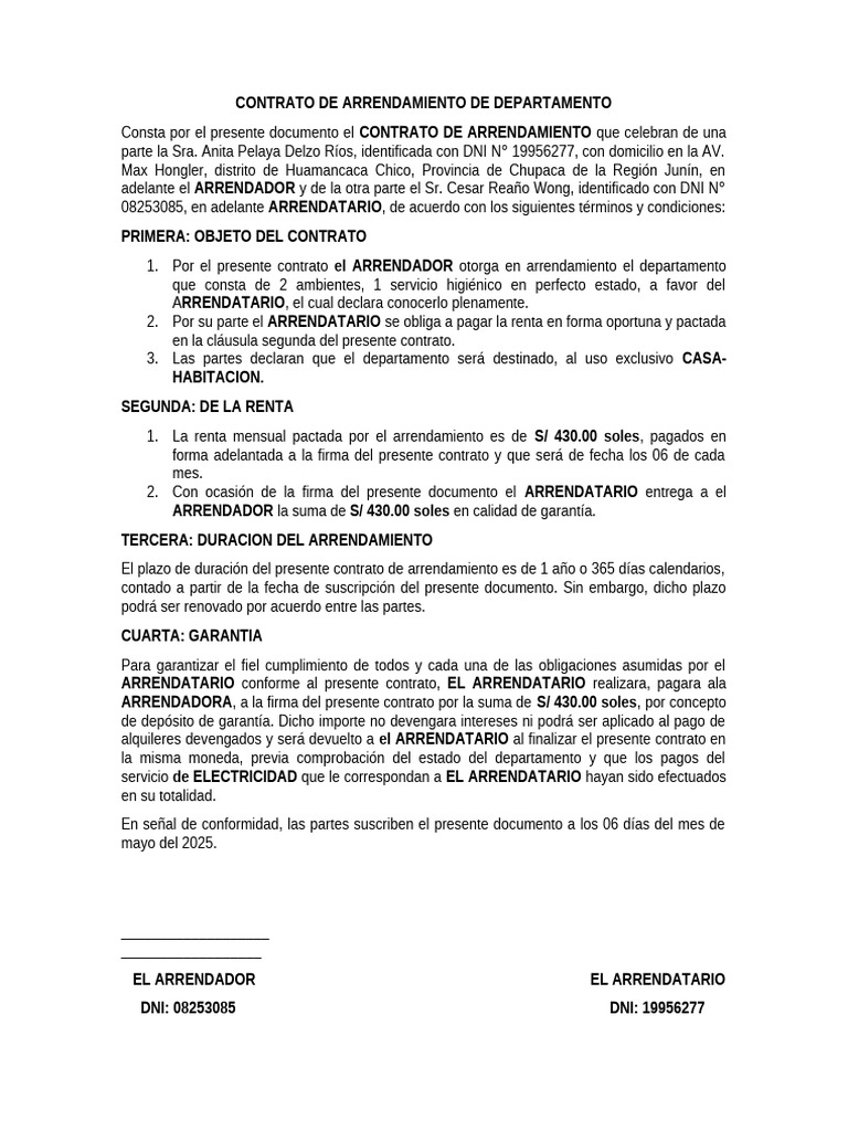 Contrato de Arrendamiento de Departamento | PDF