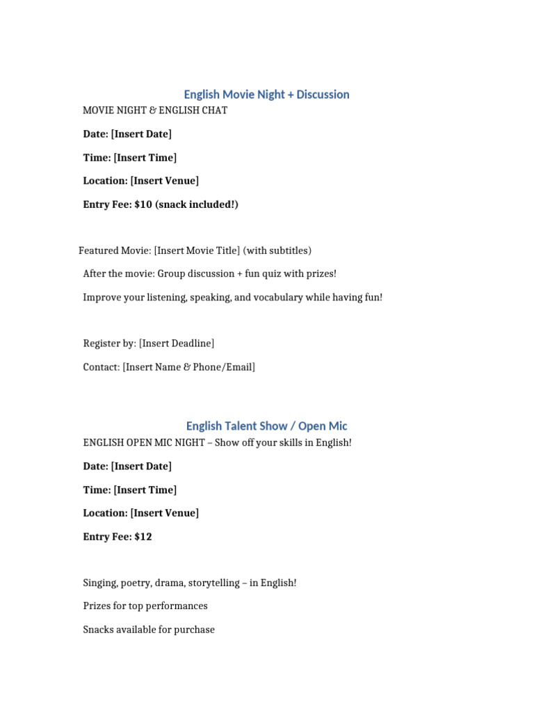 English Movie and Game Night Events | PDF