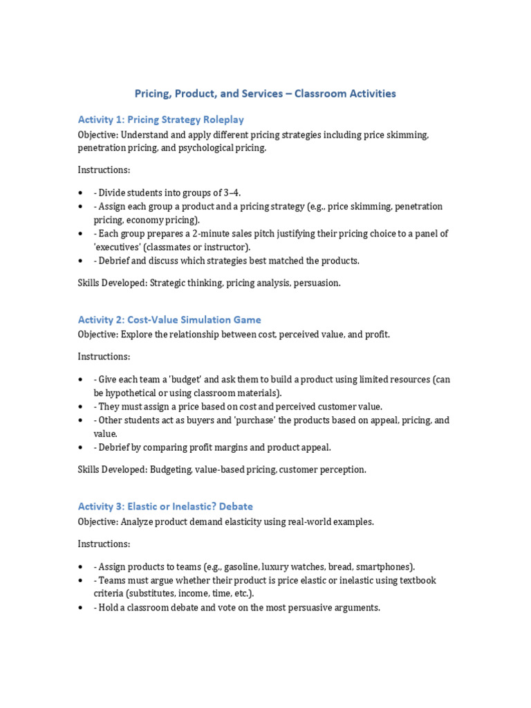 Classroom Activities for Pricing Strategies | PDF | Pricing ...
