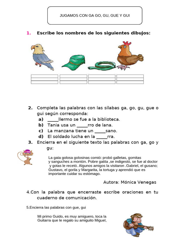 Uso de Las Silabas Ga, Go, Gu, Gue Gui | PDF