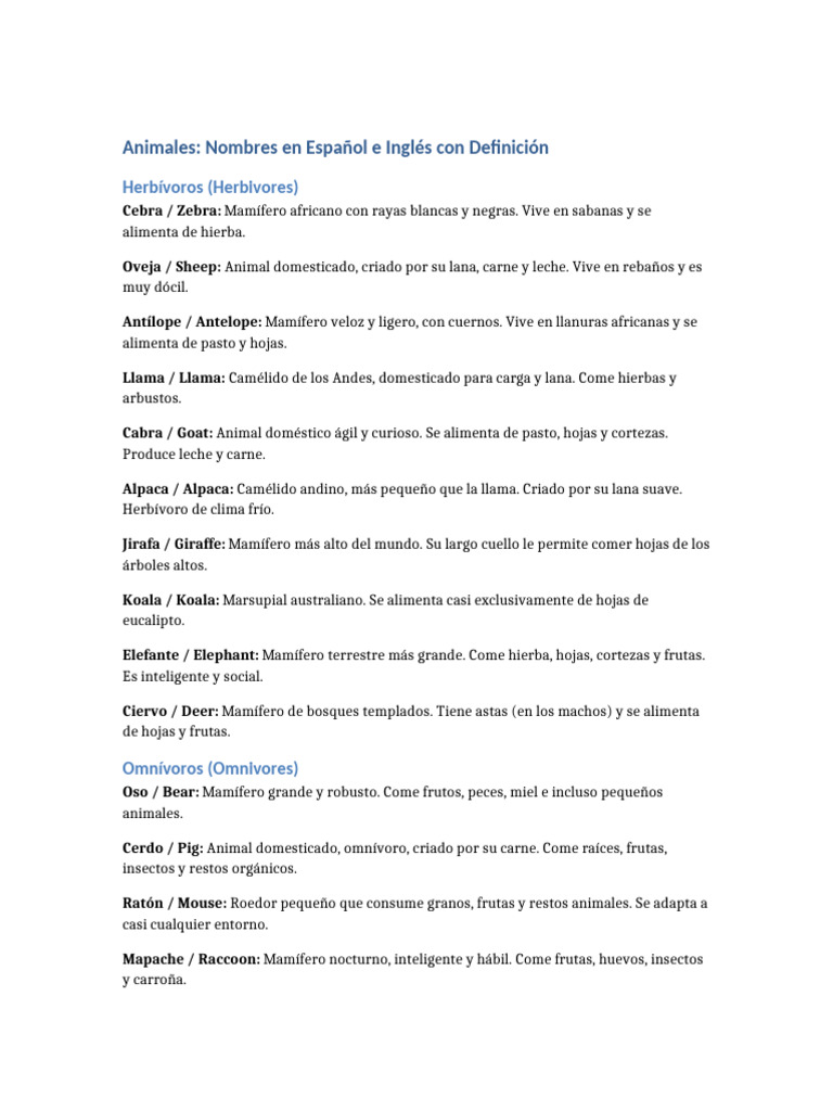 Animales Espanol Ingles Definicion | PDF