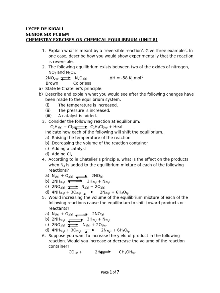 2023-2024 Che-Exercises (Unit 8) - S6 | PDF | Chemical Equilibrium | Chemical Reactions
