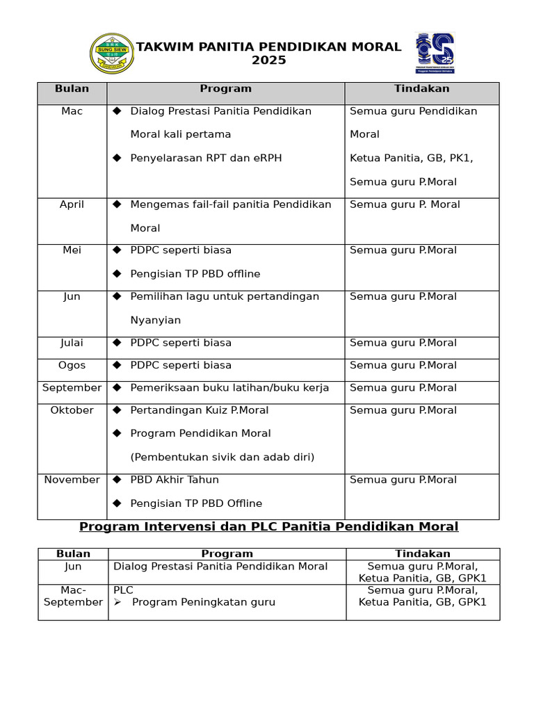 Takwim Panitia Pendidikan Moral | PDF