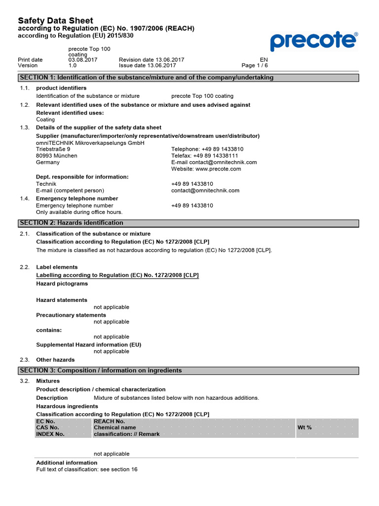 MSDS Precote Top 100 Coating | PDF | Toxicology | Toxicity