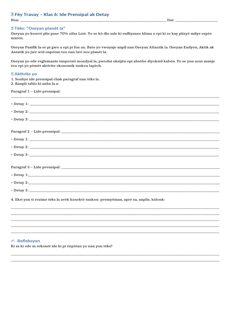 Ficha Clase6 Unidad2 IdeaPrincipal Oceanos | PDF