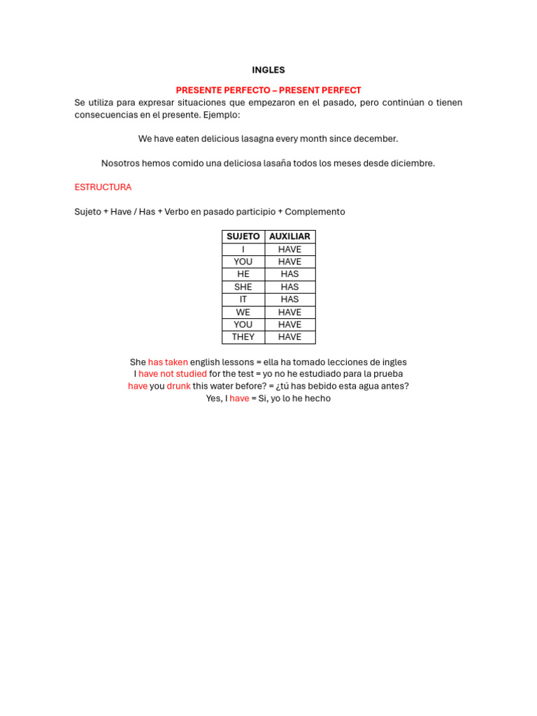 APUNTES INGLES PRESENTE PERFECTO | PDF