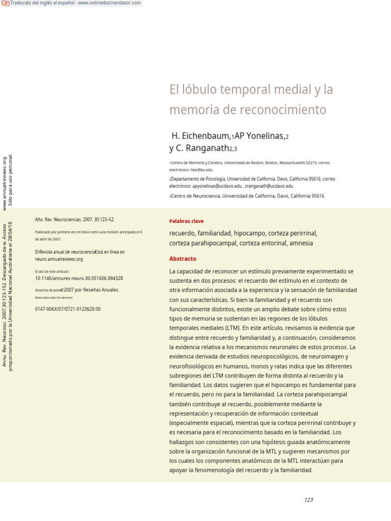 eichenbaum The temporal lobe and recognition memory.en.es | PDF | Memoria | Amnesia