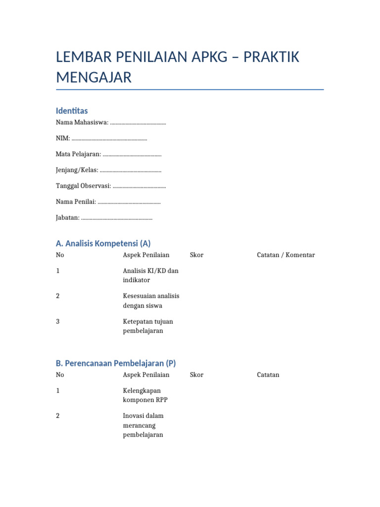 Lembar_Penilaian_APKG_Praktek_Mengajar (1) | PDF