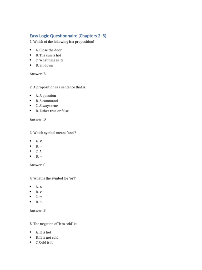 Easy Logic Questionnaire 50 Items | PDF | Logic | Formalism (Deductive)