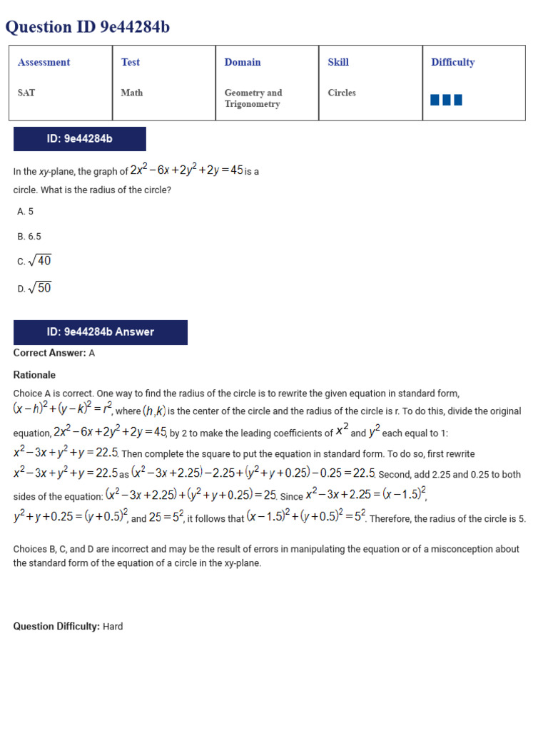 SAT Suite Question Bank - Geometry and Trig Hard Answers | PDF | Circle ...