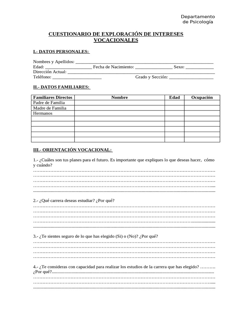 Cuestionario de Exploración de Intereses Vocacionales | PDF