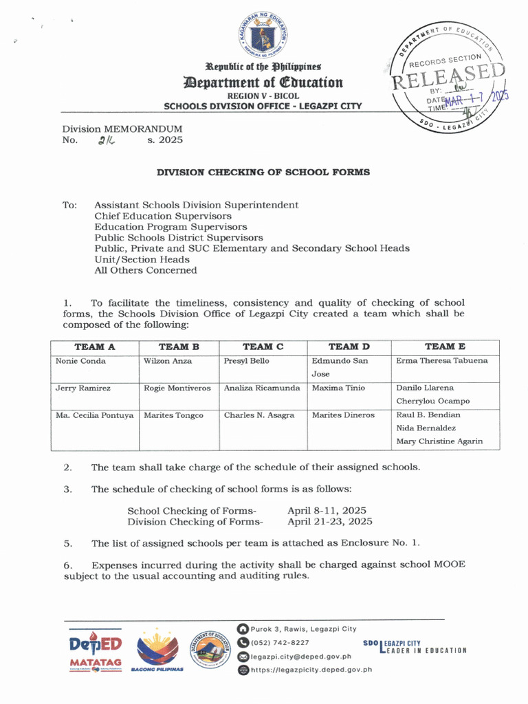 DM No. 216, s. 2025 Division Checking of School Forms | PDF