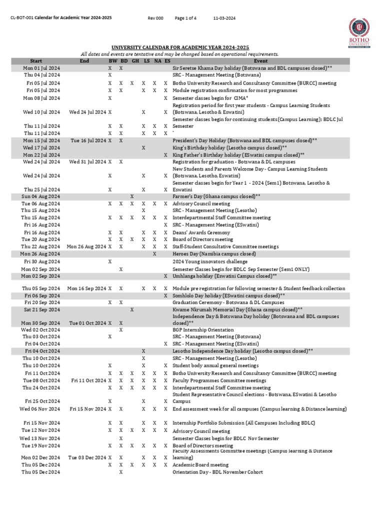 CL BOT 001 Calendar For Academic Year 2024 2025 | PDF | Observances ...