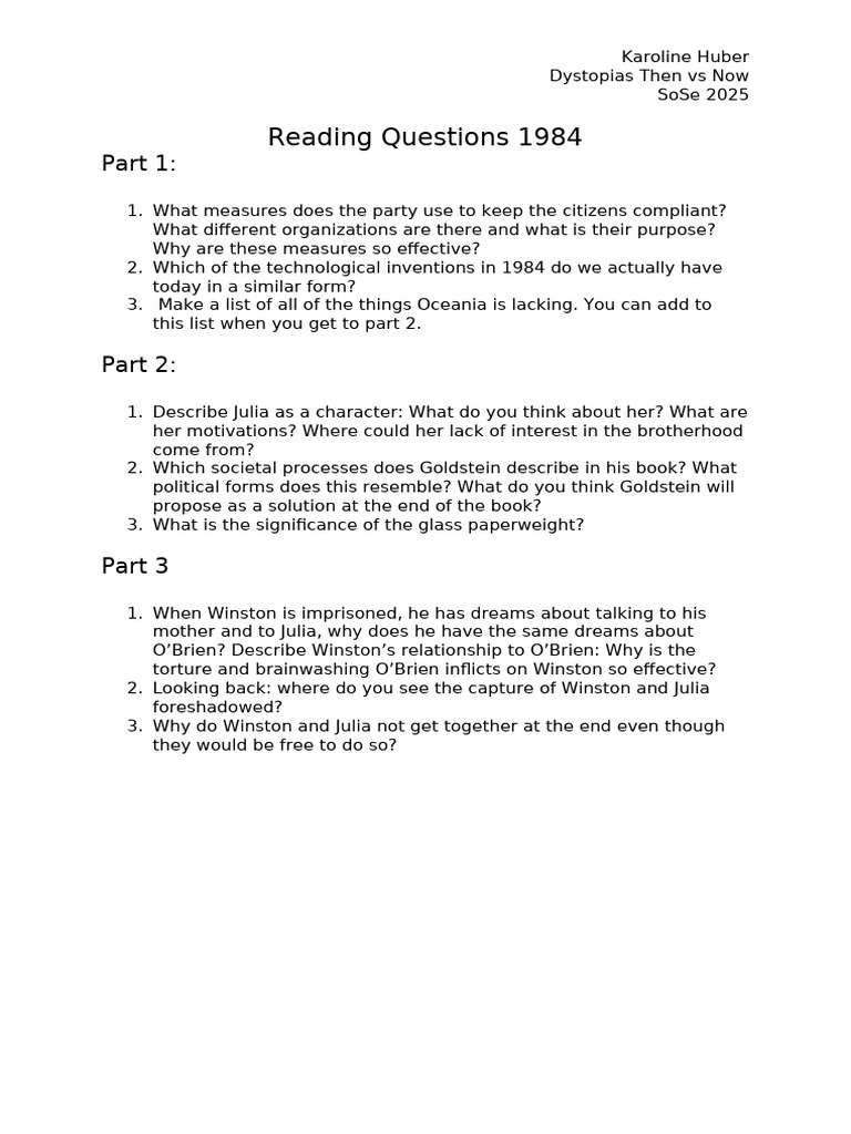 Reading Questions 1984 | PDF