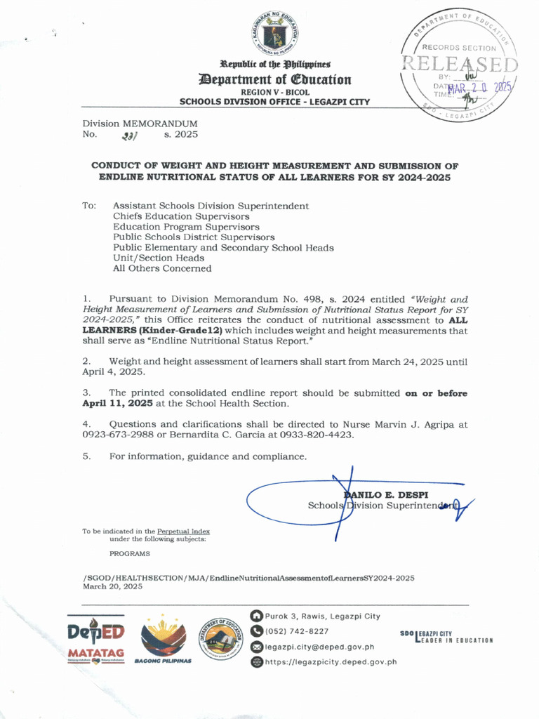 DM No. 231, S. 2025 Conduct of Weight and Height Measurement and ...